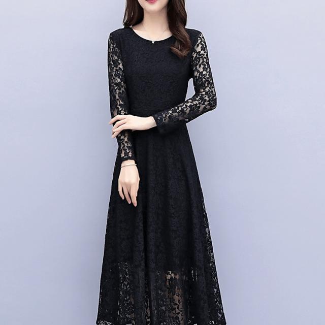 花柄 レース ロング ドレス パーティードレス パーティドレス 結婚式ドレス 結婚式のドレス 膝下 ミモレ ミモレ丈 ロング丈 袖あり 長袖 Uネック クルーネック Aライン フレア 透け感 シースルー かわいい 大人可愛い きれいめ シンプル 大人 上品 おしゃれ 大人女子 こなれ感