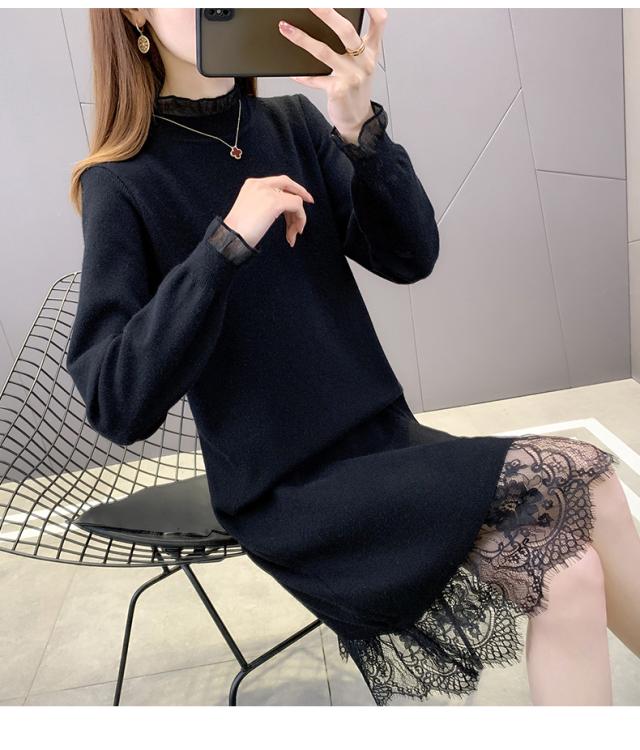 裾レース ミモレ丈 ニット ワンピース フレアワンピース 膝下 ミモレ