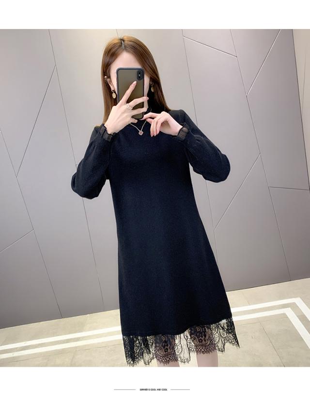 裾レース ミモレ丈 ニット ワンピース フレアワンピース 膝下 ミモレ