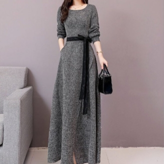 ウエストリボン スリット ツイード ロング ワンピース フレアワンピース ロング丈 マキシ マキシ丈 アンクル丈 長袖 ボリューム袖 パフスリーブ Uネック ラウンドネック フレア リボン ウエストマーク かわいい 大人可愛い きれいめ シンプル 大人 上品 おしゃれ 大人女子