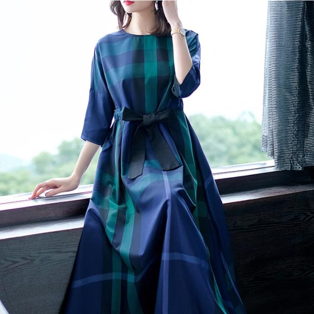 チェック柄 ウエストリボン ロング ワンピース プルオーバー フレアワンピース 膝下 ロング丈 袖あり 7分袖 七分袖 Uネック ラウンドネック フレア Aライン ベルト ポケット かわいい 大人可愛い きれいめ カジュアル 大人 上品 おしゃれ 大人女子 こなれ感 ラブリー キュート