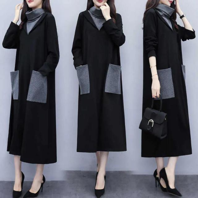 タートルネック 切り替え配色 ロング ワンピース フレアワンピース ロング丈 袖あり 長袖 フレア ワイド ドッキング ポケット かわいい 大人可愛い きれいめ シンプル カジュアル 大人 上品 おしゃれ 大人女子 こなれ感 ラフ マニッシュ クール モード系 モダン 主役級 存在感