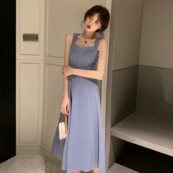 デニム風カラーワンピース 膝下 ノースリーブ 襟なし かわいい 大人可愛い きれいめ シンプル カジュアル 大人 上品 おしゃれ お洒落 大人可愛い 大人女子 こなれ感 ラフ キュート ガーリー 個性的 主役級 とろみ感 抜け感 無地 春 夏 秋 冬 オールシーズン シーズンレス