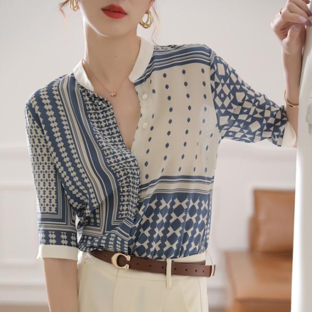 トップス シャツ ブラウス ミディアム丈 袖あり 5分袖 襟なし 前開き ポリエステル かわいい 大人可愛い きれいめ シンプル 大人 上品 おしゃれ お洒落 かっこいい レトロ アジアン エスニック エキゾチック 大人女子 ラフ 柄 ストライプ 夏 20代 30代 レディース 女性用 通勤