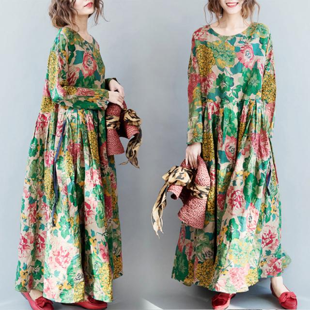 ワンピース ロング丈 マキシ丈 袖あり 長袖 フレア Aライン ハイウエスト かわいい 大人可愛い きれいめ シンプル カジュアル おしゃれ レトロ エスニック エキゾチック こなれ感 ラフ キュート ガーリー エレガント 存在感 とろみ感 抜け感 マタニティ 花柄 ボタニカル 春 夏