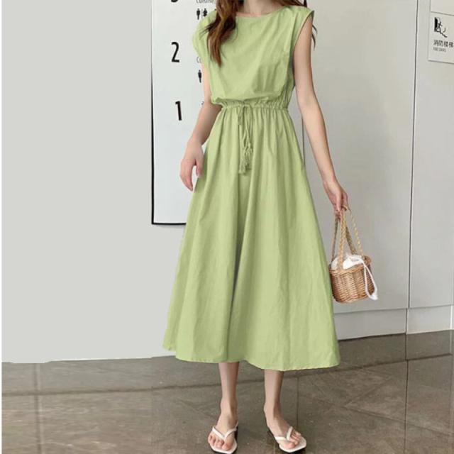 ワンピース ロング丈 ノースリーブ フレンチスリーブ フレア ウエストギャザー きれいめ シンプル カジュアル 大人 上品 おしゃれ お洒落 レトロ 大人女子 こなれ感 エレガント とろみ感 無地 春 秋 10代 20代 30代 40代 女性用 デート お出かけ 女子会 休日 リゾート 旅行