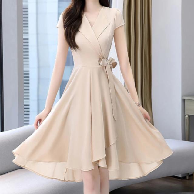 ワンピース ミドル丈 袖あり 半袖 Aライン ハイウエスト きれいめ シンプル カジュアル 大人 上品 おしゃれ レトロ 大人女子 こなれ感 とろみ感 エレガント 無地 春 夏 10代 20代 30代 40代 女性用 デート お出かけ 女子会 休日 パーティー イベント ホテル レストラン