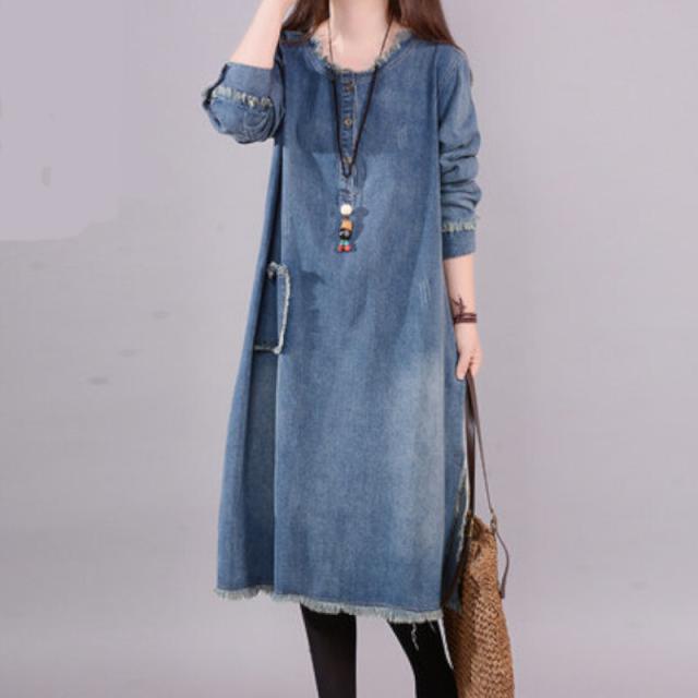 シャツワンピース ワンピース チュニック デニム ミドル丈 袖あり 長袖 ラウンドネック かわいい きれいめ ダメージ カジュアル 大人 上品 おしゃれ お洒落 レトロ こなれ感 ラフ ラブリー エレガント とろみ感 抜け感 無地 春 秋 10代 20代 30代 40代 女性用 デート お出かけ