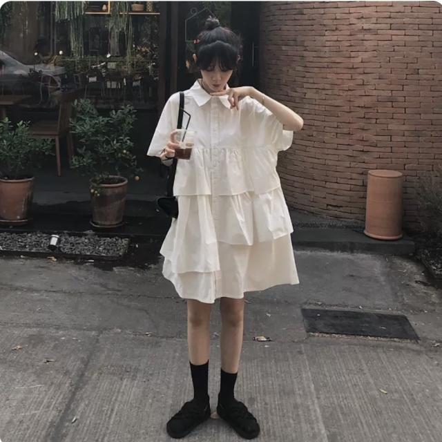 ワンピース シャツワンピース フレアワンピース ティアードワンピース 膝丈 ひざ丈 袖あり 半袖 襟付き フレア Aライン シフォン フリル かわいい 大人可愛い きれいめ シンプル カジュアル 大人 上品 おしゃれ 大人女子 こなれ感 ラフ ラブリー キュート ガーリー 個性的