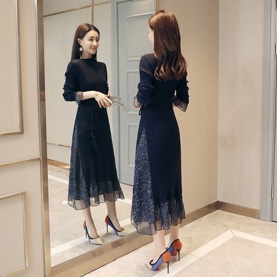 ワンピース フレアワンピース ミモレ ミモレ丈 袖あり 長袖 ボートネック 襟なし フレア セミフレア スリム タイト 細身 Aライン ドッキング レース チュール フリル リボン ウエストマーク ウエストリボン 透け感 シースルー 異素材MIX かわいい 大人可愛い きれいめ