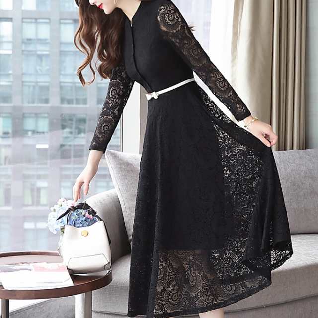 総レース ベルト付き パーティードレス パーティドレス 結婚式ドレス 結婚式のドレス 膝下 ミモレ ミモレ丈 袖あり 長袖 ハイネック 襟なし Aライン フレア レース ウエストリボン 透け感 シースルー かわいい 大人可愛い きれいめ カジュアル 大人 上品 おしゃれ 大人女子