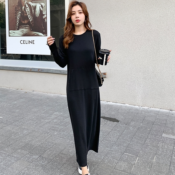 カットソー ロング ワンピース プルオーバー フレアワンピース ロング丈 マキシ マキシ丈 9分丈 アンクル丈 袖あり 長袖 萌袖 Uネック ラウンドネック クルーネック セミフレア Aライン ポケット かわいい 大人可愛い きれいめ シンプル カジュアル 大人 おしゃれ 大人女子