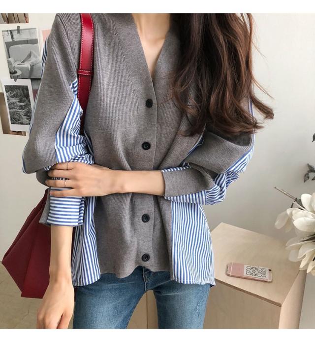 ドッキング ニット カーディガン トップス シャツ 袖あり 長袖 Vネック 襟なし ワイド 切り替えデザイン リブ 前開き リブニット 編み込み 異素材MIX かわいい 大人可愛い きれいめ カジュアル 大人 上品 おしゃれ 大人女子 こなれ感 モード系 主役級 存在感 無地 ストライプ