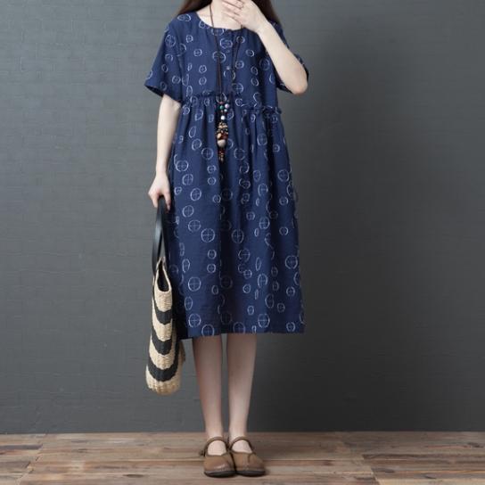 ワンピース ワンピドレス 膝丈 ひざ丈 袖あり 半袖 ラウンドネック 襟なし Aライン ポケット 綿 リネン かわいい 大人可愛い シンプル 大人 おしゃれ お洒落 レトロ アジアン エスニック エキゾチック 大人女子 ラフ 個性的 柄 水玉 夏 20代 30代 レディース 女性用 デート