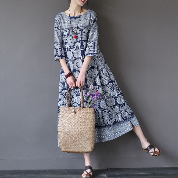 ワンピース ワンピドレス 膝下 ロング ロング丈 袖あり 7分袖 七分袖 ラウンドネック 襟なし Aライン ポケット 綿 リネン かわいい 大人可愛い シンプル カジュアル 大人 おしゃれ お洒落 レトロ アジアン エスニック エキゾチック 大人女子 ラフ 個性的 柄 ボタニカル 夏