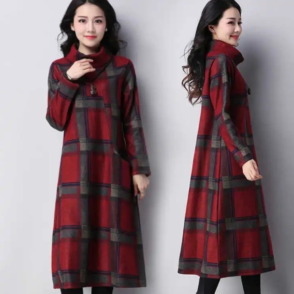 ワンピース シャツワンピース ワンピドレス ロング ロング丈 袖あり 長袖 ハイネック タートルネック 襟なし Aライン ポケット ウール 厚手 かわいい 大人可愛い シンプル カジュアル 大人 おしゃれ お洒落 レトロ アジアン エスニック エキゾチック ラフ エレガント 柄