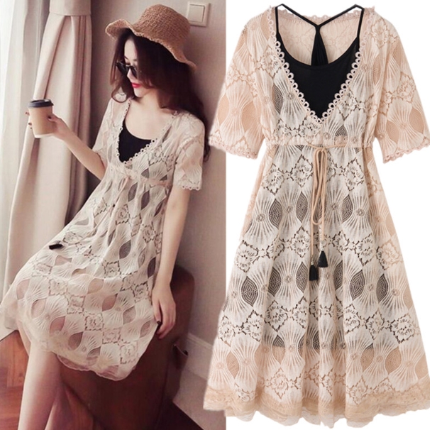 2点セット ワンピース キャミソール ワンピドレス 膝丈 ひざ丈 袖あり 半袖 Vネック 襟なし Aライン レース ツーピース かわいい 大人可愛い シンプル 大人 おしゃれ レトロ アジアン エスニック ラフ ラブリー キュート ガーリー セクシー 柄 夏 誕生日 10代 20代 レディース