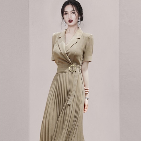 ワンピース プリーツスカート シャツワンピース ワンピドレス ロング ロング丈 袖あり 半袖 Vネック カシュクール 襟付き Aライン ベルト ハイウエスト ポリエステル ニット かわいい 大人可愛い きれいめ シンプル 大人 上品 おしゃれ お洒落 アジアン エスニック