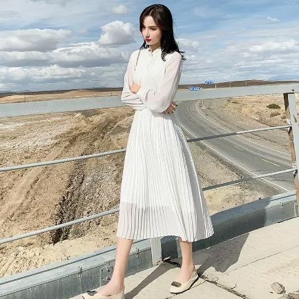 ワンピース プリーツスカート ワンピドレス 膝下 ロング ロング丈 袖あり 長袖 襟なし スタンドカラー Aライン シフォン ハイウエスト 透け感 ポリエステル かわいい 大人可愛い きれいめ シンプル 大人 上品 おしゃれ お洒落 アジアン エスニック エキゾチック ラフ 無地 春