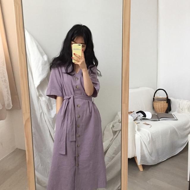 ワンピース ワンピドレス 膝下 ロング ロング丈 袖あり 半袖 Vネック 襟なし Aライン リボン ウエストリボン ハイウエスト 前開き かわいい 大人可愛い シンプル カジュアル 大人 上品 おしゃれ お洒落 アジアン エスニック エキゾチック 大人女子 こなれ感 ラフ 無地 夏 10代