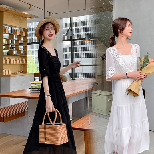 ワンピース ティアードワンピース ワンピドレス 膝下 ロング ロング丈 袖あり 半袖 Vネック 襟なし Aライン 刺繍 ハイウエスト 透け感 薄手 かわいい 大人可愛い シンプル カジュアル 上品 おしゃれ アジアン エスニック エキゾチック ラフ 無地 夏 20代 30代 レディース 通勤