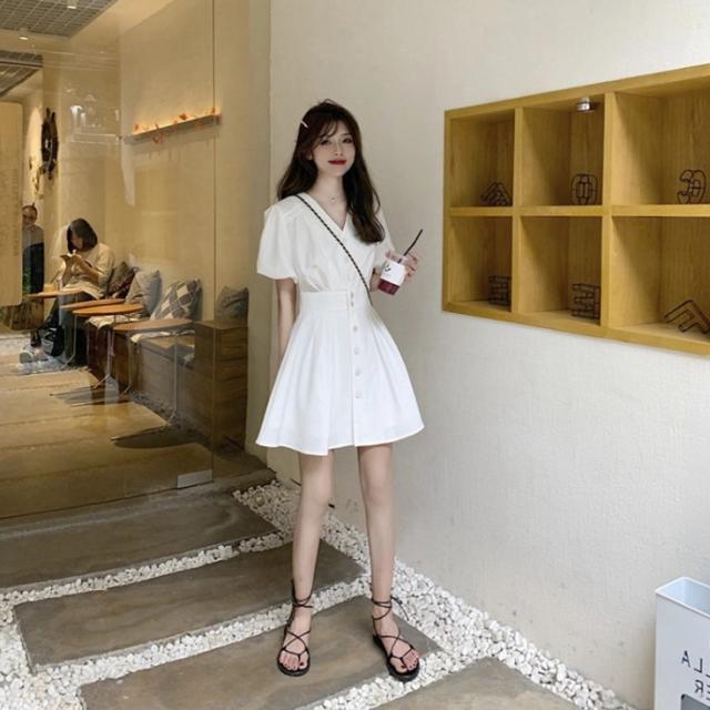 ワンピース ワンピドレス ショート ショート丈 膝上 袖あり 半袖 Vネック 襟なし Aライン ハイウエスト 前開き ポリエステル かわいい 大人可愛い きれいめ シンプル 上品 おしゃれ アジアン エスニック エキゾチック 大人女子 ラフ ラブリー キュート セクシー 無地 夏 10代