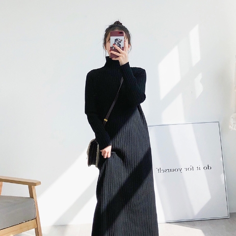 ワンピース ワンピドレス 膝下 ロング ロング丈 袖あり 長袖 ハイネック タートルネック 襟なし ニット かわいい 大人可愛い シンプル カジュアル 大人 おしゃれ お洒落 アジアン エスニック エキゾチック 大人女子 ラフ 無地 秋 冬 10代 20代 レディース 女性用 デート