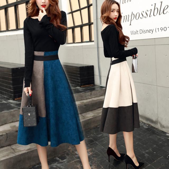 トップス スカート Tシャツ フレアスカート 膝丈 ひざ丈 袖あり 長袖 ボートネック 襟なし フレア セミフレア スリム 細身 ウエストマーク 切り替えデザイン 上下セット 2点セット ツーピース かわいい 大人可愛い きれいめ シンプル 大人 上品 おしゃれ 大人女子 こなれ感