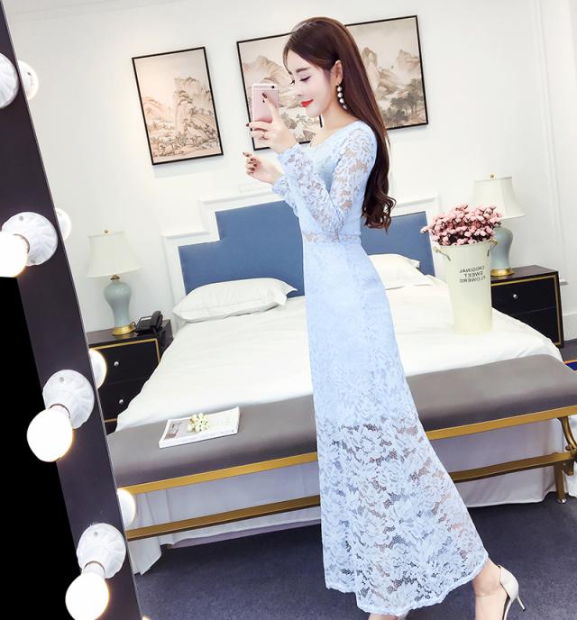 ワンピース フレアワンピース ワンピドレス 膝丈 ひざ丈 ロング ロング丈 アンクル丈 袖あり 長袖 Uネック ラウンドネック 襟なし セミフレア スリム タイト 細身 マーメイド レース 透け感 シースルー かわいい 大人可愛い きれいめ 大人 上品 おしゃれ 大人女子 こなれ感