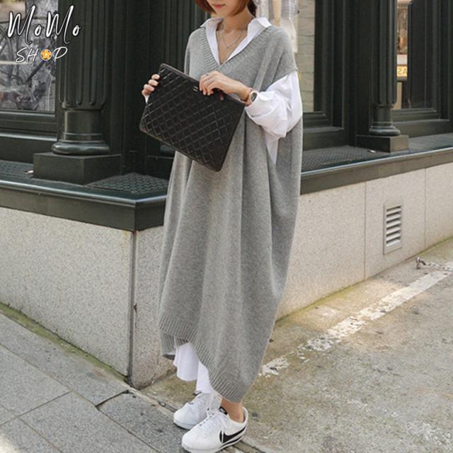 ニットワンピース ワンピース ベスト ロング ロング丈 マキシ マキシ丈 袖なし ノースリーブ Vネック 襟なし ワイド ニット かわいい 大人可愛い きれいめ シンプル カジュアル 大人 上品 おしゃれ 大人女子 こなれ感 ラフ 個性的 モード系 エレガント モダン 抜け感 無地 秋