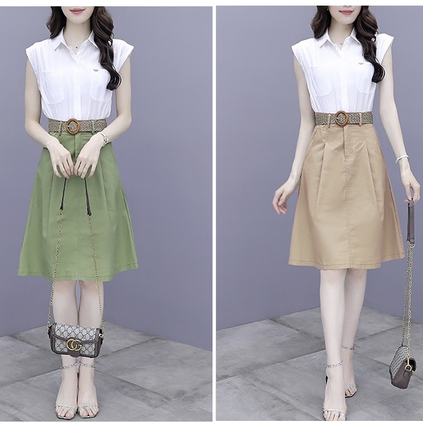 トップス スカート セットアップ シャツ ブラウス 膝丈 ひざ丈 袖なし ノースリーブ 襟付き スリム タイト 細身 Aライン ベルト ウエストマーク 上下セット 2点セット ツーピース お得 かわいい 大人可愛い きれいめ シンプル 大人 上品 おしゃれ 大人女子 こなれ感