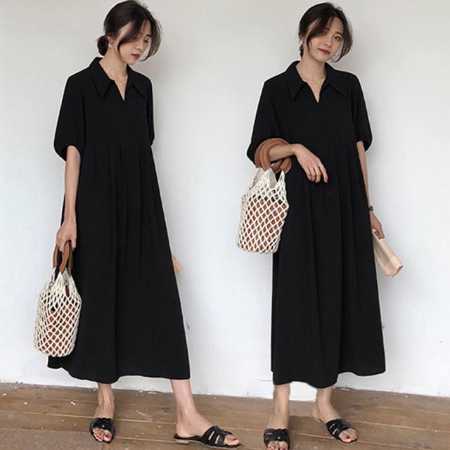 Vネック 襟付き ロング ワンピース フレアワンピース 膝下 ロング ロング丈 袖あり 半袖 5分袖 五分袖 スキッパー フレア Aライン 切り替えデザイン プリーツ ハイウエスト かわいい 大人可愛い きれいめ シンプル カジュアル 大人 上品 おしゃれ 大人女子 こなれ感