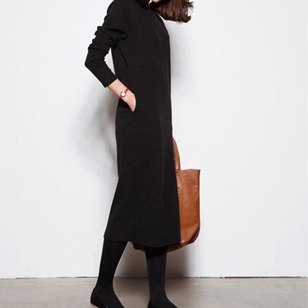 ロンT ワンピ ロング ワンピース Tシャツワンピース 膝下 ロング丈 袖あり 長袖 Uネック クルーネック 襟なし ストレート Iライン ポケット かわいい 大人可愛い きれいめ シンプル カジュアル 大人 上品 おしゃれ 大人女子 ラフ モード系 モダン 無地 秋 冬 10代 20代 30代