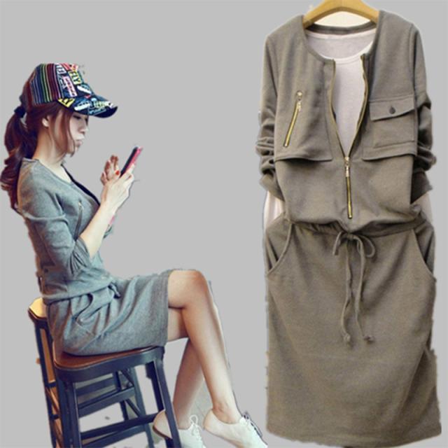 ジッパー ウエストドローコード スウェット ミニ ワンピース スウェットワンピース ミニ丈 膝上 袖あり 長袖 Uネック ラウンドネック クルーネック タイト ウエストマーク ファスナー ポケット かわいい 大人可愛い シンプル カジュアル おしゃれ かっこいい ラフ