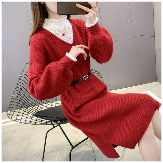 ニットワンピース ドッキングワンピ 上品ワンピ フェイクレイヤードワンピ ワンピース ブラウス ニット 膝丈 ひざ丈 膝上 袖あり 長袖 ボリューム袖 Vネック ハイネック フリルネック フレア ドッキング フェイクレイヤード ツーピース風 フェイクツーピース レース