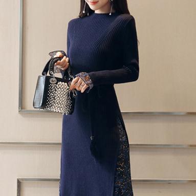 ワンピース ニットソー フレアワンピース ロング丈 長袖 Vネック Uネック 襟付き フレア セミフレア スリム タイト 細身 ストレート レース フリル ウエストマーク ウエストリボン かわいい 大人可愛い きれいめ シンプル カジュアル 大人 上品 おしゃれ お洒落 大人可愛い