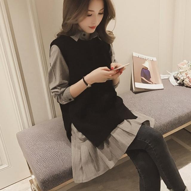 ２点セット トップス ワンピース シャツ セーター ベスト チュニック シャツワンピース ミニ ミニ丈 袖あり 長袖 襟付き Aライン プリーツ ニット ツーピース 大人可愛い きれいめ シンプル 大人 大人女子 マニッシュ ストライプ 春 秋 冬 10代 20代 30代 オフィス OL 通勤