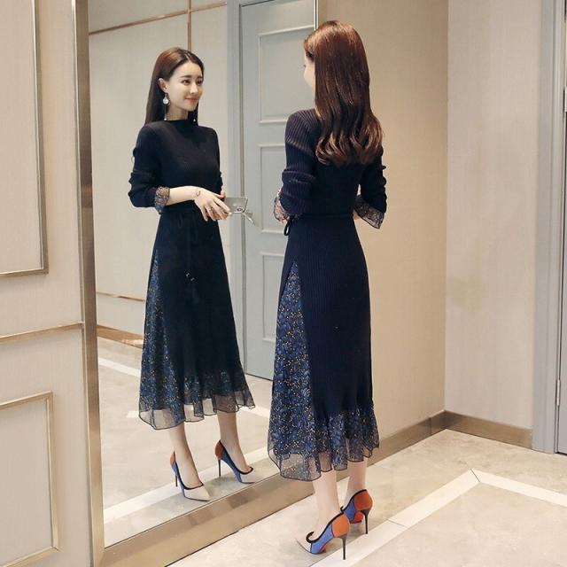 ドッキングワンピース セーター シフォンスカート 膝下 ミモレ ミモレ丈 ミディアム丈 袖あり 長袖 ハイネック ドッキング シフォン ウエストマーク ウエストリボン サイドスリット リブ 透け感 シースルー ニット 大人可愛い きれいめ 大人 上品 おしゃれ お洒落 大人女子