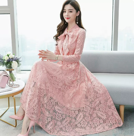 レースドレス ワンピース ワンピドレス 膝下 ミモレ ミモレ丈 ミディアム丈 袖あり 長袖 Vネック リボンタイ フレア Aライン レース 刺繍 透け感 大人可愛い きれいめ 大人 上品 おしゃれ お洒落 エレガント 存在感 花柄 春 秋 冬 入学式 入園式 卒業式 卒園式 結婚式 二次会