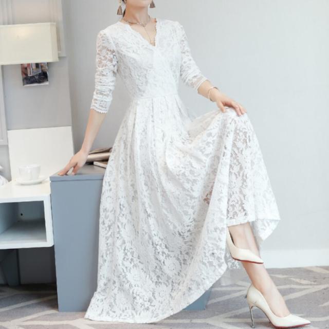 ワンピース ミドル丈 袖あり 長袖 Vネック Aライン ハイウエスト レース かわいい 大人可愛い きれいめ カジュアル 大人 上品 おしゃれ お洒落 レトロ 大人女子 こなれ感 エレガント 無地 花柄 フラワー 春 夏 秋 結婚式 二次会 披露宴 10代 20代 30代 デート お出かけ 女子会