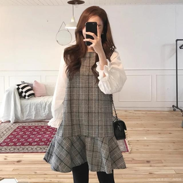 ワンピース ミドル丈 袖あり 長袖 ラウンドネック Aライン フリル かわいい 大人可愛い きれいめ カジュアル 大人 上品 おしゃれ お洒落 レトロ 大人女子 こなれ感 ラブリー エレガント チェック柄 格子柄 秋 冬 10代 20代 30代 デート お出かけ 女子会 ホテル レストラン