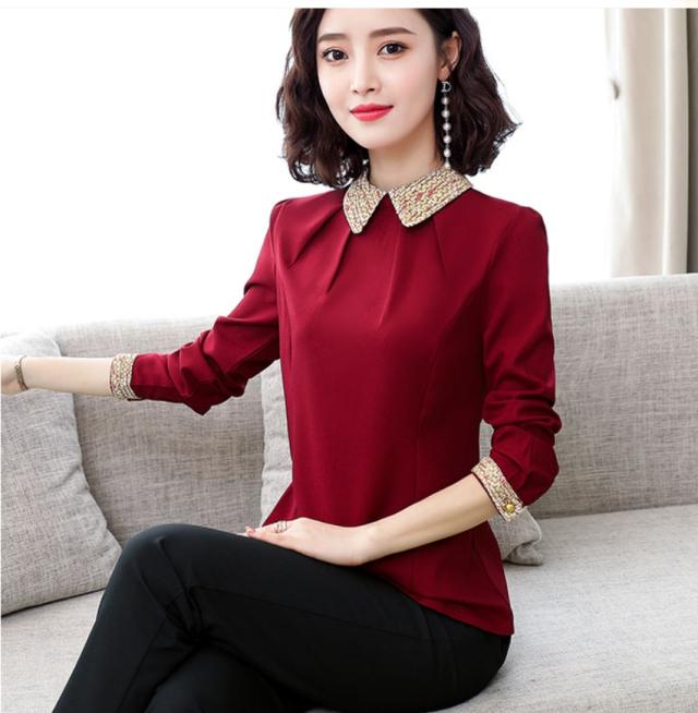 シフォンブラウス ドールカラー トップス シャツ ブラウス プルオーバー 袖あり 長袖 襟付き タイト 細身 シフォン デザインカラー 大人可愛い きれいめ 大人 上品 おしゃれ お洒落 レトロ 大人女子 エレガント 柄 春 秋 オケージョン フォーマル 20代 30代 40代 50代 ママ OL