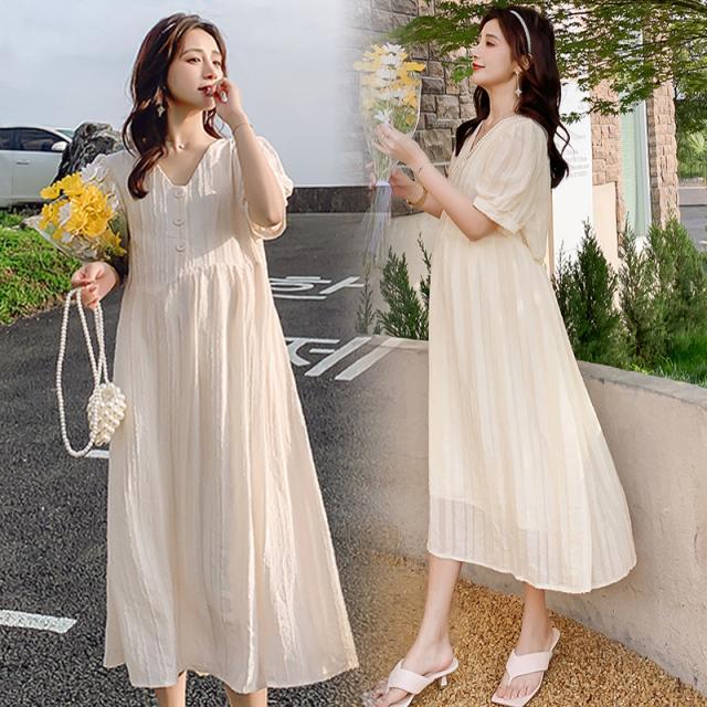 マタニティ ロング ワンピ ワンピース フレアワンピース 膝下 ロング丈 袖あり 半袖 5分袖 五分袖 パフスリーブ Vネック フレア ワイド プリーツ かわいい 大人可愛い きれいめ シンプル カジュアル 大人 上品 おしゃれ 大人女子 こなれ感 ラブリー キュート ガーリー