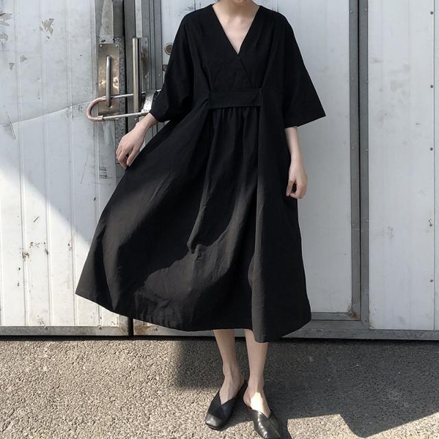 Vネック 5分袖 ワンピ ワンピース フレアワンピース 膝下 ロング ロング丈 袖あり 半袖 五分袖 ドロップショルダー フレア ワイド Aライン ウエストマーク かわいい 大人可愛い きれいめ シンプル カジュアル 大人 上品 おしゃれ 大人女子 こなれ感 ラフ ラブリー ルーズ
