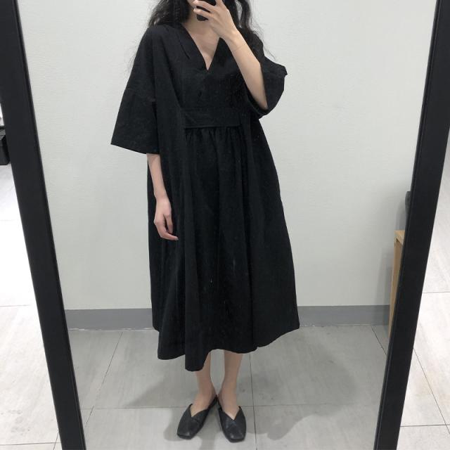 Vネック 5分袖 ワンピ ワンピース フレアワンピース 膝下 ロング