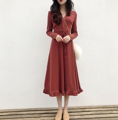 ワンピース ブラウス 膝丈 ひざ丈 ミモレ ミモレ丈 袖あり 長袖 Vネック 襟なし スリム タイト 細身 Aライン フリル リボン ウエストマーク ウエストリボン かわいい 大人可愛い きれいめ シンプル カジュアル 大人 上品 おしゃれ 大人女子 こなれ感 ラブリー キュート