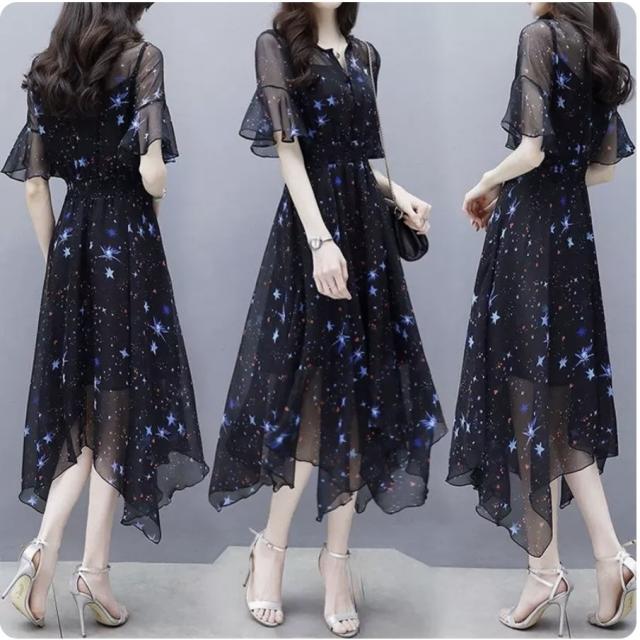 ワンピース フレアワンピース ワンピドレス 膝丈 ひざ丈 ミモレ ミモレ丈 袖あり 半袖 フレアスリーブ 襟なし セミフレア Aライン アシンメトリー チュール シフォン フリル 透け感 シースルー かわいい 大人可愛い きれいめ 大人 上品 おしゃれ 大人女子 こなれ感 個性的