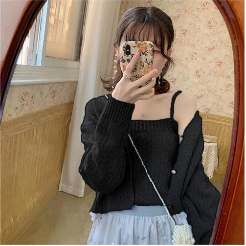 透かし編み ニット アンサンブル トップス カーディガン キャミソール ショート ショート丈 袖あり 長袖 ドロップショルダー 萌袖 スクエアネック 前開き 編み込み 透け感 2点セット ツーピース かわいい 大人可愛い きれいめ シンプル カジュアル 大人 上品 おしゃれ