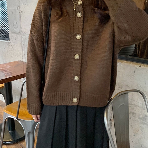 ローゲージ クルーネック ざっくり カーディガン トップス ミディアム丈 袖あり 長袖 ボリューム袖 ドロップショルダー 萌袖 襟なし ワイド もこもこ リブ 前開き リブニット 編み込み ニット かわいい 大人可愛い きれいめ シンプル カジュアル 大人 上品 おしゃれ 大人女子