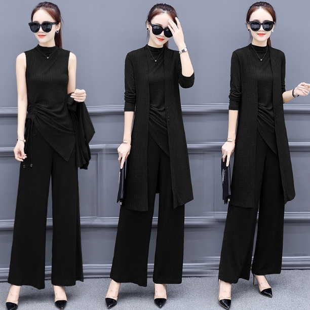 3点セット セットアップ ニットソー カーディガン ワイドパンツ 袖なし ノースリーブ ラウンドネック 襟なし スリット サイドスリット 前開き かわいい 大人可愛い きれいめ シンプル 上品 おしゃれ かっこいい アジアン エスニック クール エレガント 主役級 フォーマル 無地